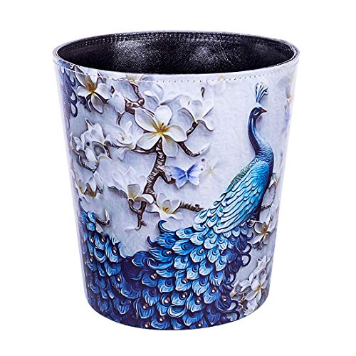 ALiquid Leather Trash Can, 2.64 Gallon PU Leather Garbage Bin for Home Cafe and Barber Shop, Waterproof Wastebasket with Pattern - Blue Peacock
