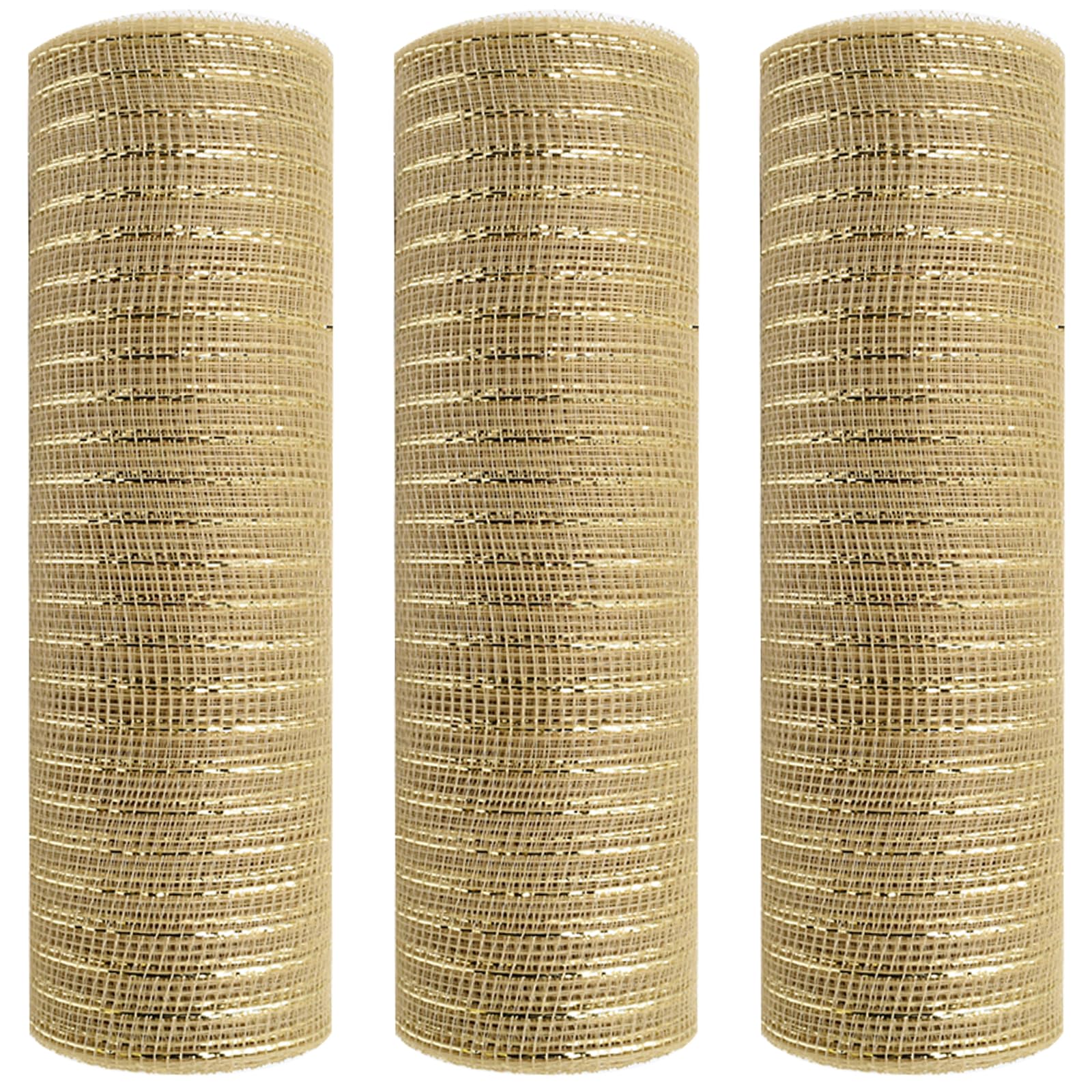 3 Pack Poly Deco Mesh 10 inch x 30 feet Each Roll, Natural with Gold Foil Metallic Mesh Ribbon for DIY Wreath Supplies,Christmas Tree Decoration,Swags Crafts