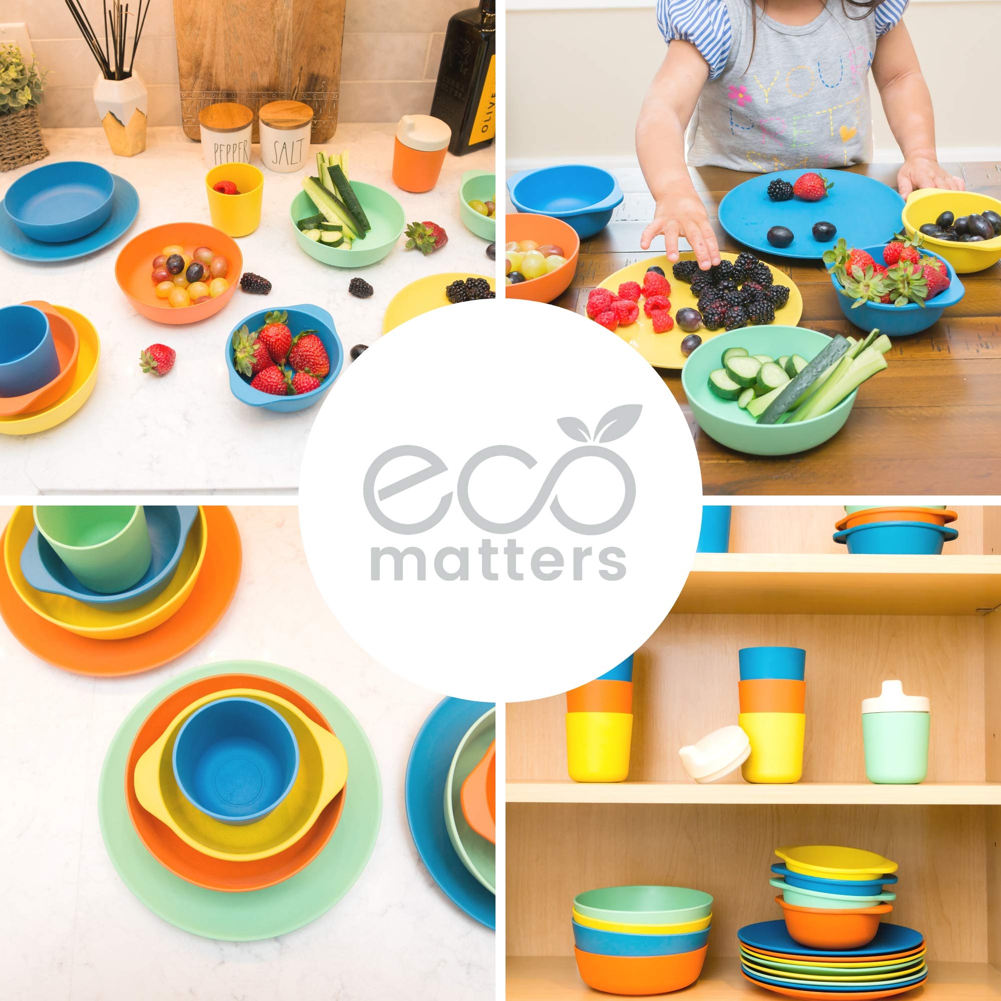 ECO MATTERS【Microwave Safe】Bamboo Toddler Plates - 4 pc Set - Best Eco-Friendly Dinnerware Plate Pack for Children, Dishwasher and Microwave Safe - Natural, BPA Free, Non-Toxic