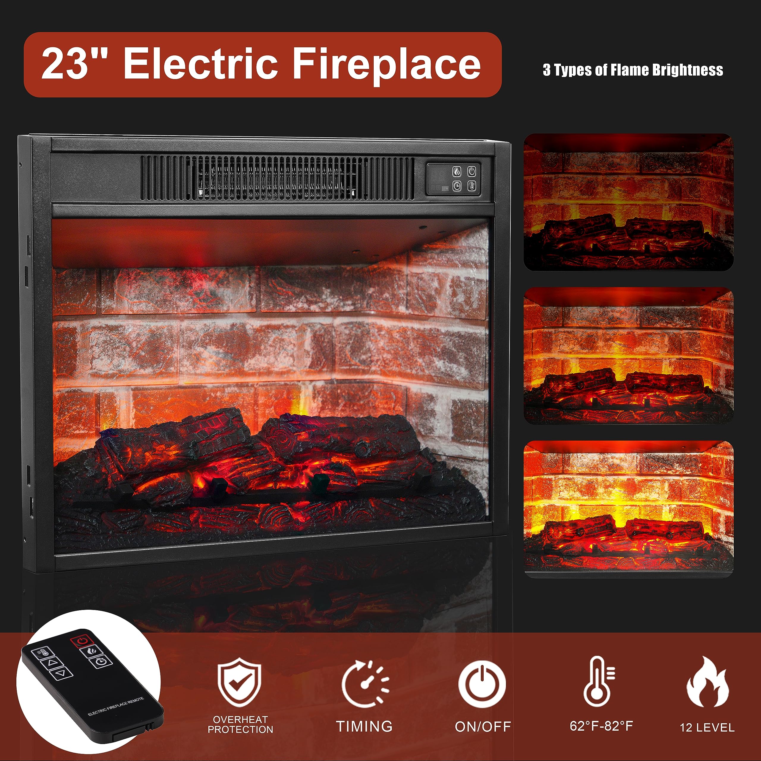 23 inch Electric Fireplace Insert, Realistic Red Bricks Electric Fireplace with Remote Control, 3 Adjustable LED Brightness Flames, Overheat Protection, 1400W Faux Fireplace for Bedroom
