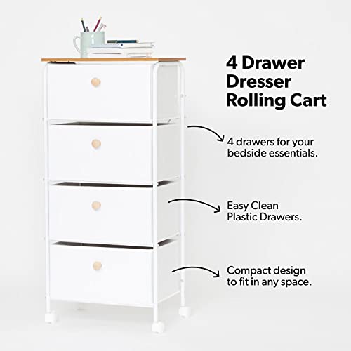 Dormify 4 Drawers Storage Organizer on Wheels | Storage Tower with Wood Top | Nightstand Organizer | Tall Skinny Dresser for Closet | 17" W x 18" D x 38" H | White| Dorm & Bedroom Essential