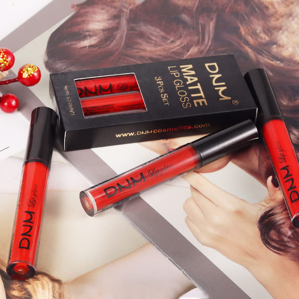 AMY'S DIARY 3Pcs Bright Red Matte Liquid Lipstick Sets, Lip Stain Long Lasting 24 Waterproof Lip Gloss Gift Set Matt Makeup for Women Lippies (05)