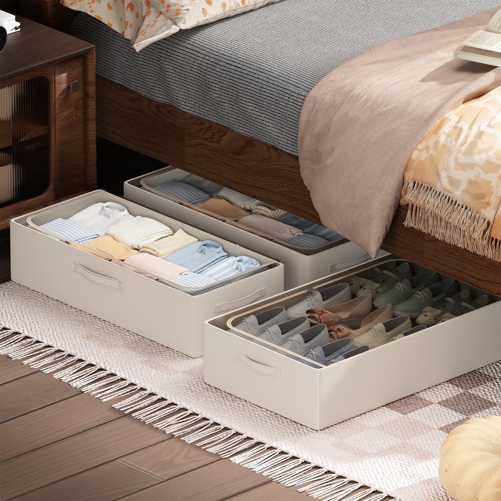 3Pcs Under Bed Storage Bins with Metal Frame - Shoe Organizer for Closet with Clear Cover Oxford Fabric Sturdy Underbed Container Foldable Stackable Clothes Organizer (Beige, 23.5x11.8x6.3)