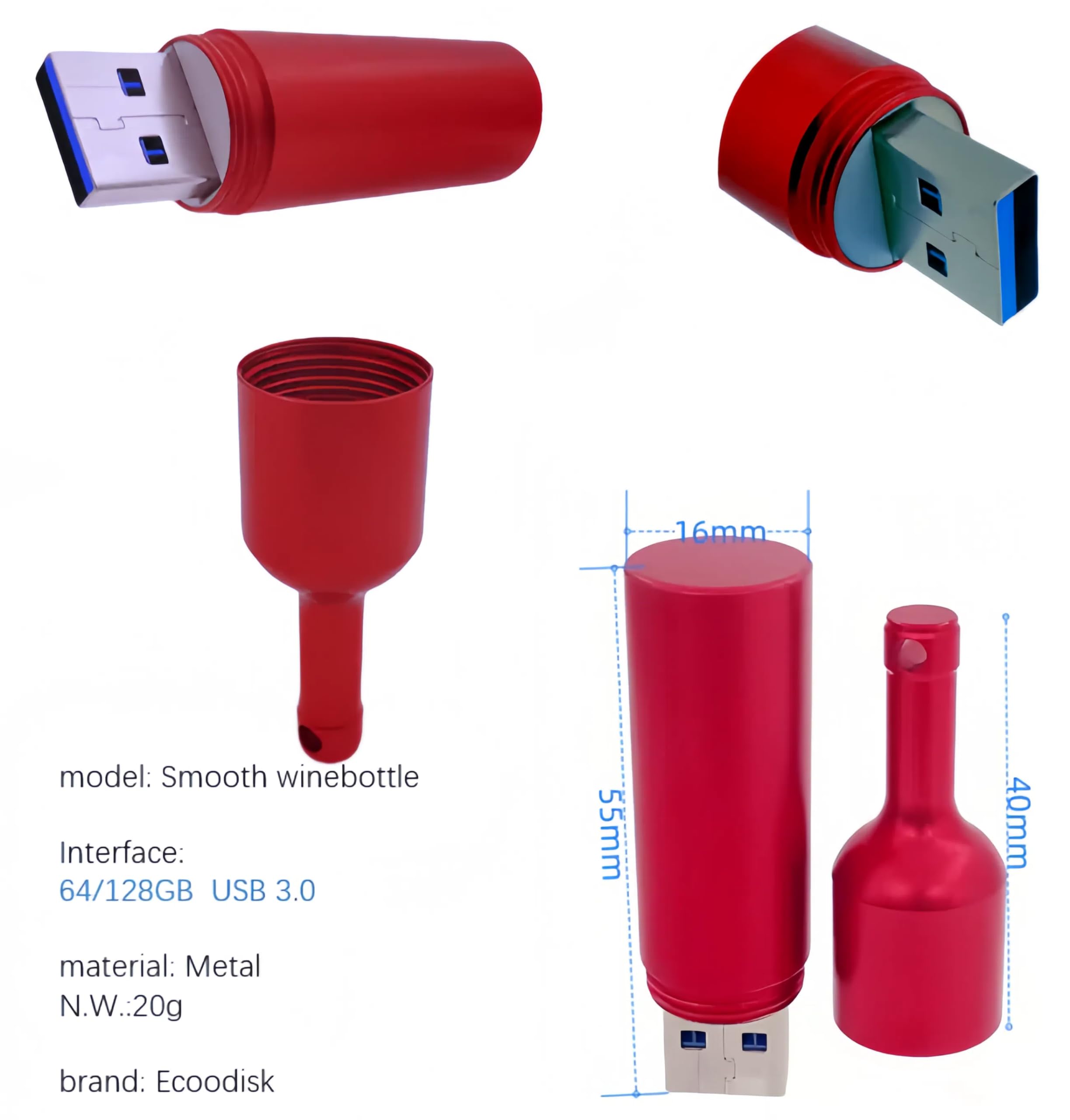 EcooDisk 128GB USB 3.0 Flash Drive Wine Bottle Shaped Zip Drive Cute Memory Stick High Speed Thumb Drive Cool USB Sticks Date Storage Fun Jump Drive Metal Pen Drive