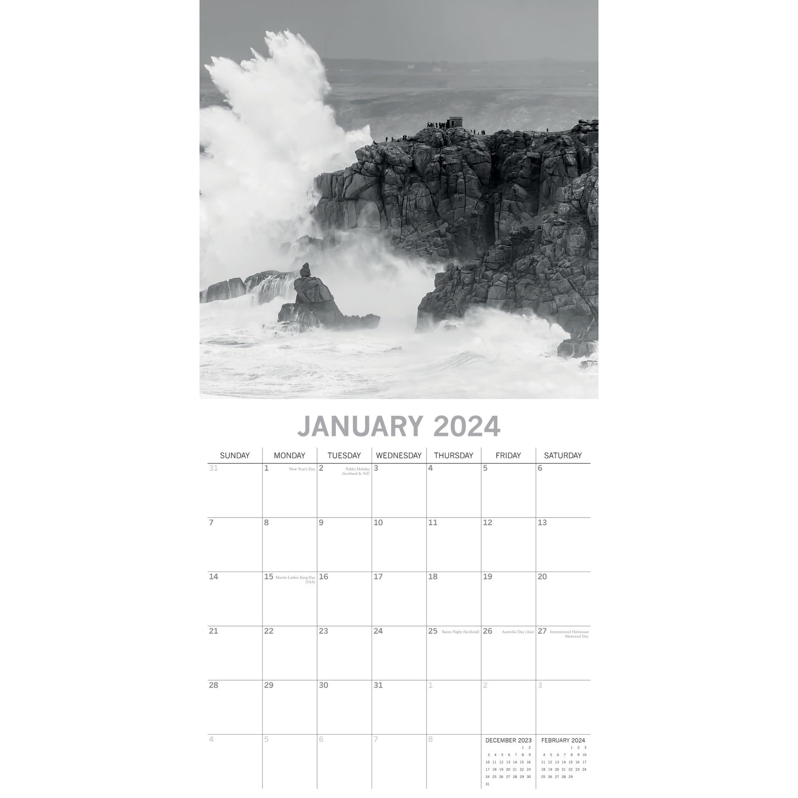 2024 Square Wall Calendar, Seascapes, 16-Month Black and White Photos with 180 Reminder Stickers (12 x 12 In)
