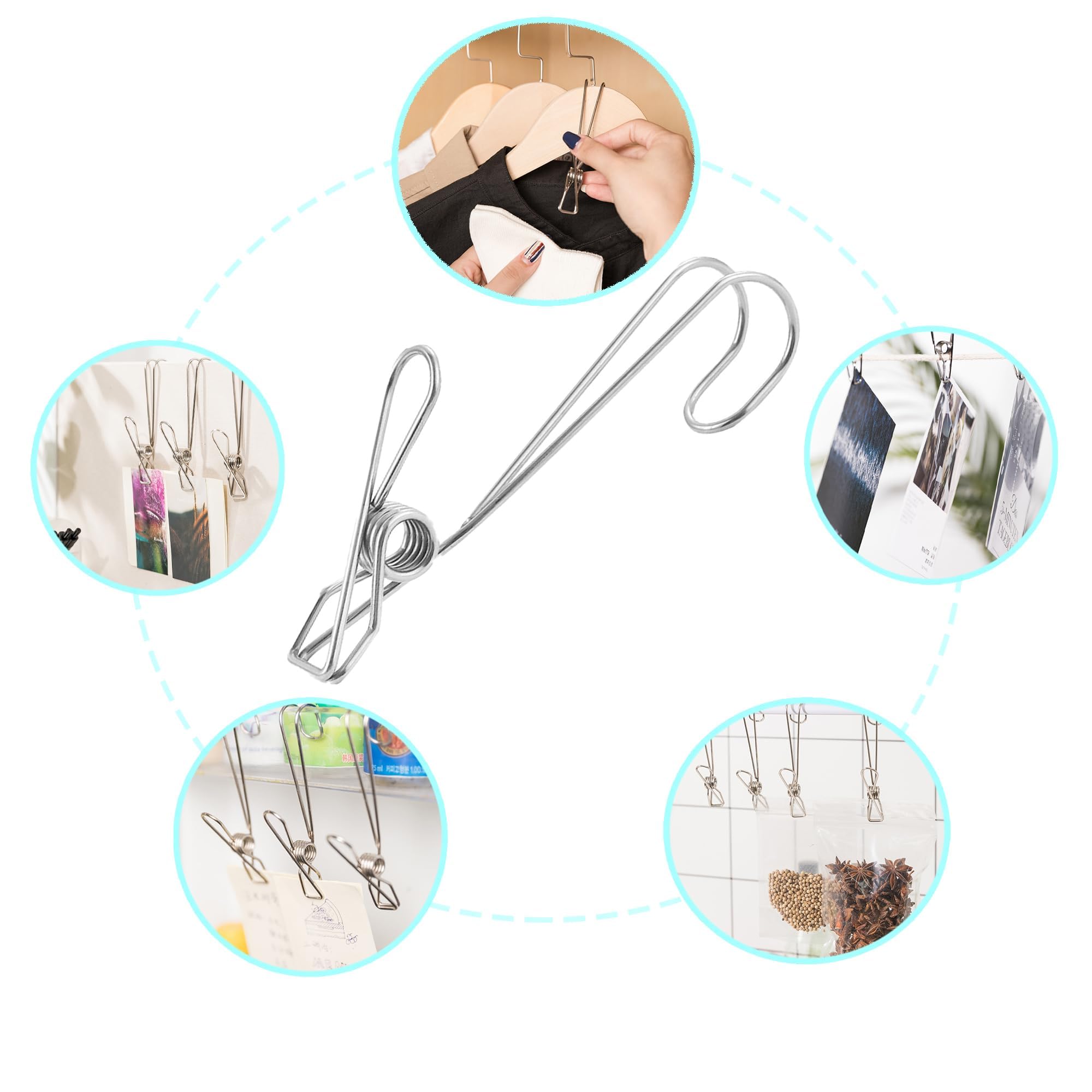 24Pcs Stainless Steel Metal Long Tail Clip with Hooks,Clips for Hanging- Ideal for Closet, Kitchen, Bathroom - Hang Photos, Cards, Stockings - Rust-304 Stainless Steel Clothes Pins