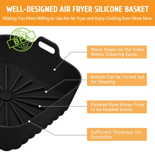 Air Fryer Silicone Liners 9 Inch Reusable Air Fryer Reusable Basket For 6 to 9QT, 2 PCS Square Air Fryer Pot Insert for Oven Microwave Accessories