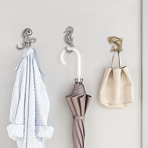 ALIWINER Seahorse Metal Hooks Hanging Wall Mounted Decorative Hook,Towel Hooks Decorative Seahorse Hook Ocean Theme Wall Decor 2Pcs