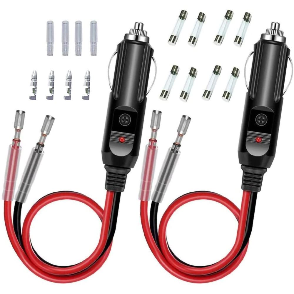 2 Pack 12V Fused Replacement Cigarette Lighter Male Plug - Wekttznol Male Cigarette Lighter Plug Adapter - with Leads &LED Light &1FT 16AWG Extension Cable with 15A Fuse (2 Pack)