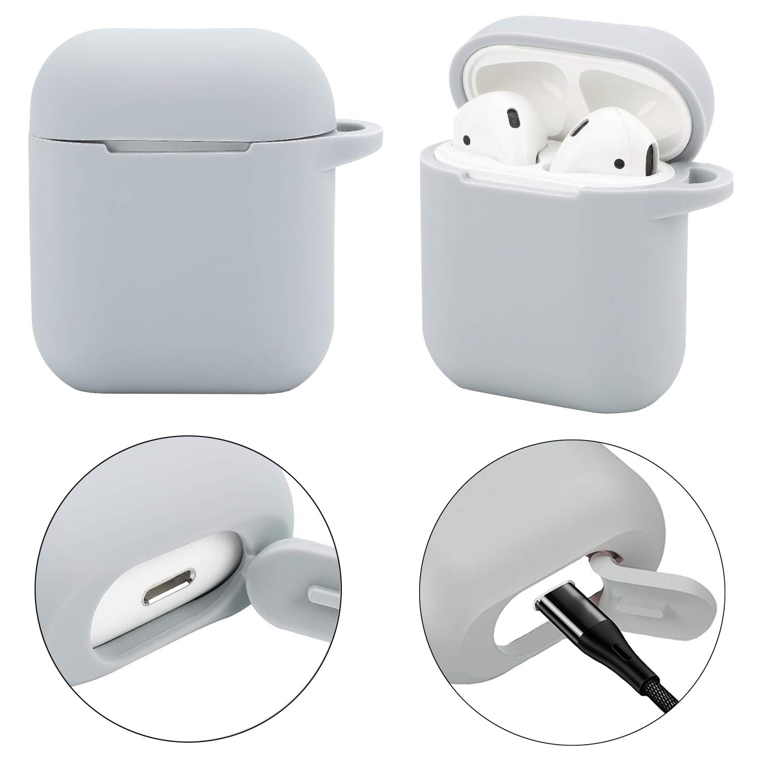 Earphone Silicone Case Cover Skin with Fur Ball Key Chain and Locking Carabiner Compatible with AirPods Charing Case - Hang Case Cover with Anti-Lost Strap as Headphone Accessories (Gray)