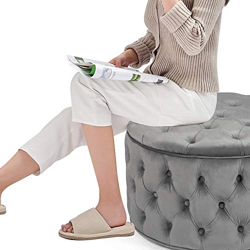 Homebeez Round Velvet Storage Ottoman, Button Tufted Footrest Stool Coffee Table for Living Room (Grey)
