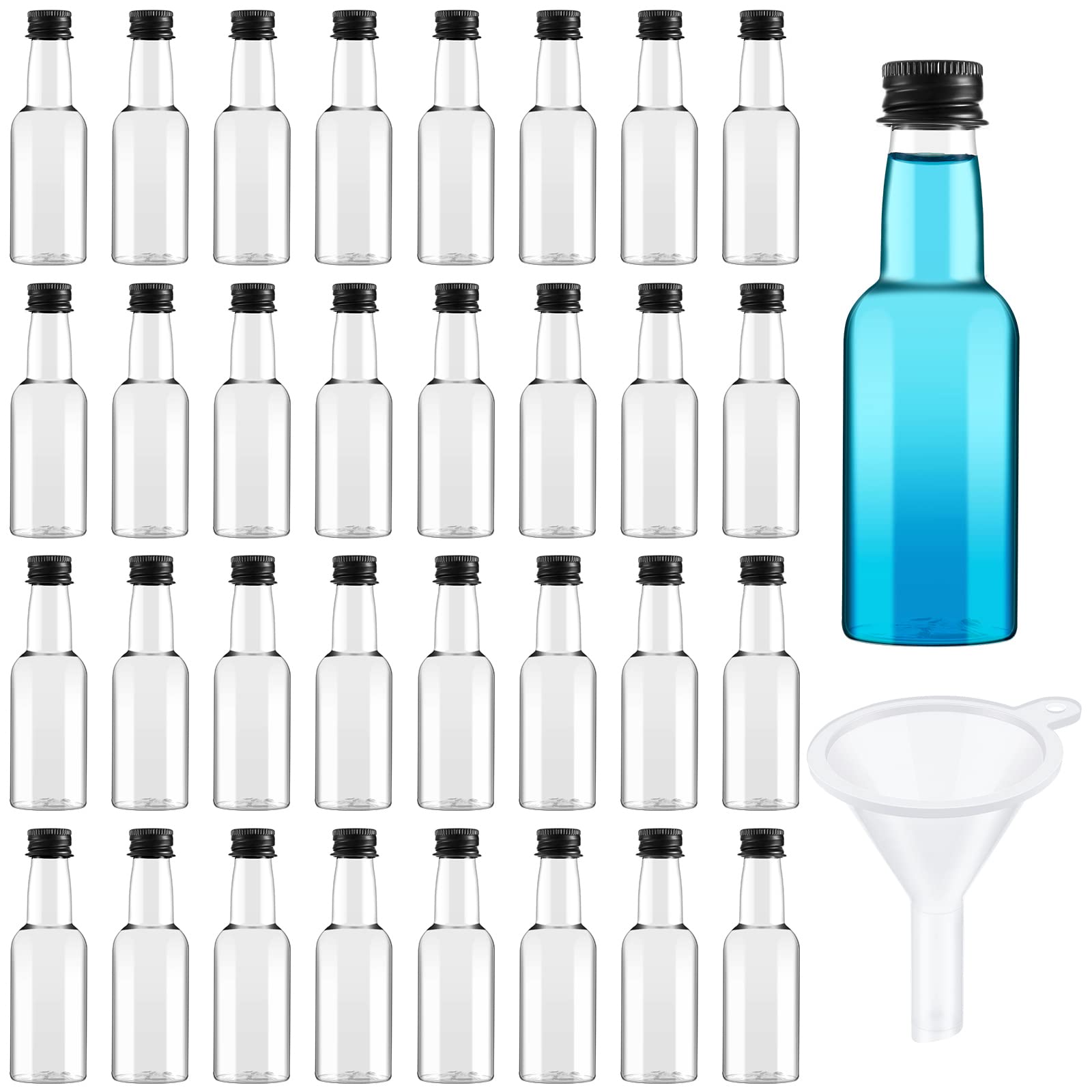 30 Pcs Mini Liquor Bottles Plastic Empty Spirit Bottle with Black Screw Cap Mini Wine Bottles Hot Sauce Bottles Shot Bottles with Caps Liquid Funnel Easy Pouring Party, 1.7 oz