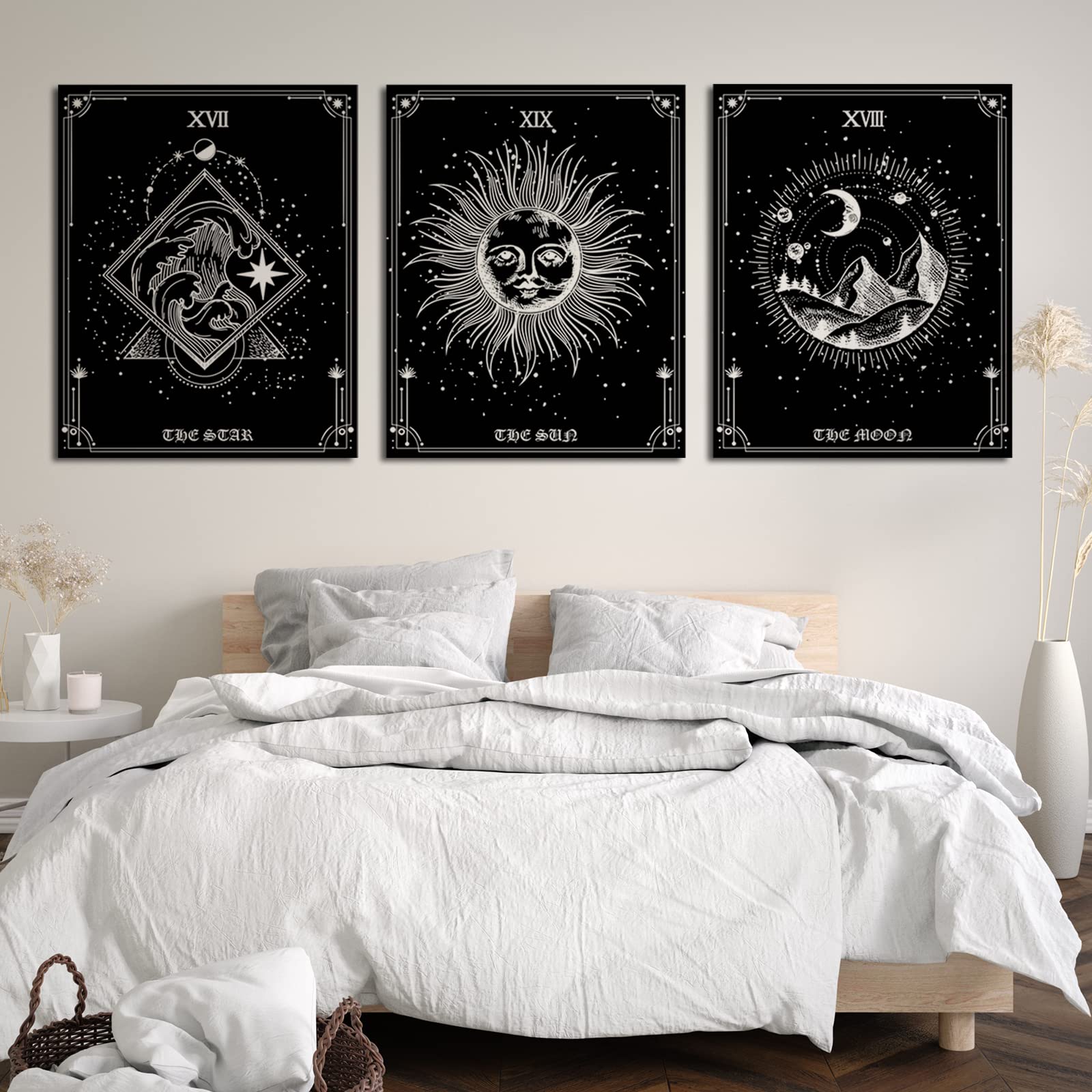 3 Pack Tarot Tapestry, Sun Moon & Star Tarot Card Tapestry, Vintage Sun Tapestry Vertical Aesthetic Wall Hanging With Seamless Nails (Black 15.4" x19.3") (Black)