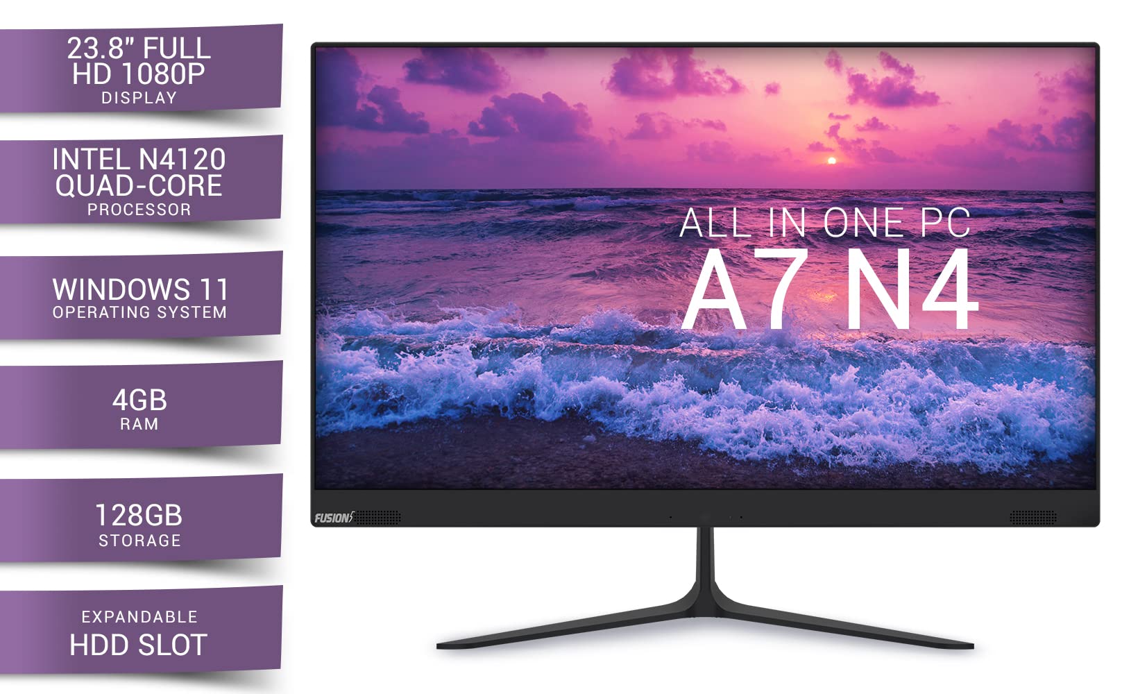 23.8" Full HD IPS All-in-One Desktop Computer with Windows 11 - Intel N4120 QuadCore, 4GB RAM, 128GB SSD, Dual-Band WiFi, Bluetooth, Expandable HDD - AIO PC with Front Camera, Wireless Keyboard, Mouse