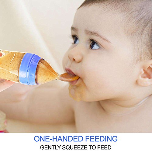 Baby Mate Silicone Baby Food Dispensing Spoon (Blue, 4oz/120ml, Ideal for 4 Months+ Babies) - Squeeze Feeder with Spoon - Spoon Bottle for Baby - Baby Spoon Feeder Bottle Baby Solid Food Feeder