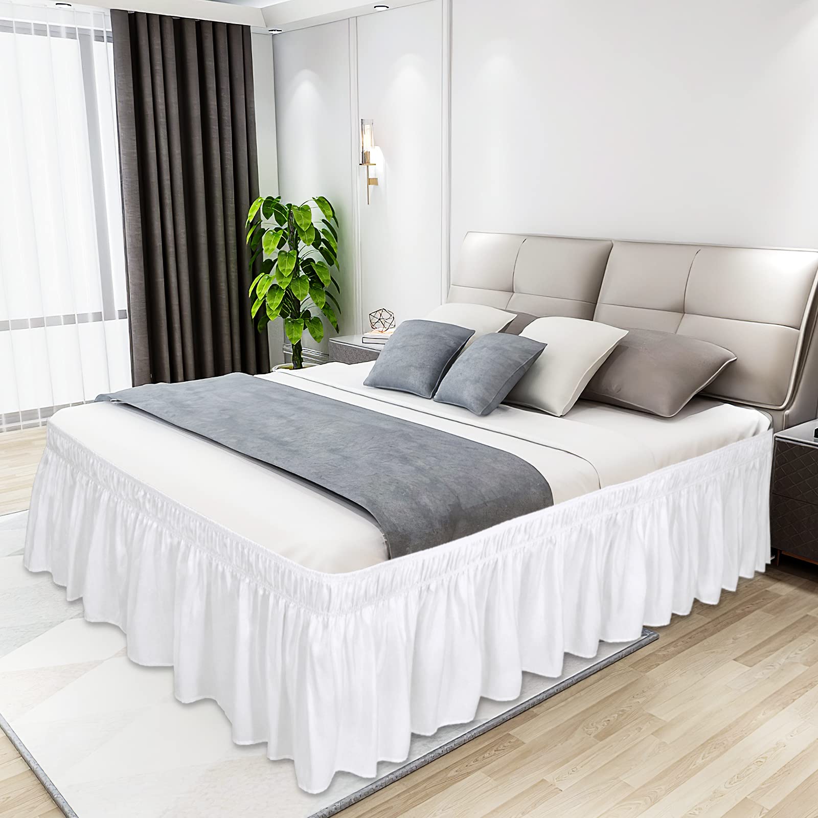 Easy-Going Bed Skirt for Queen or King Size Bed, 18 Inch Tailored Drop, Fitted with Adjustable Elastic Belt, Convenient to Use Without Lift The Mattress (Queen/King, White)