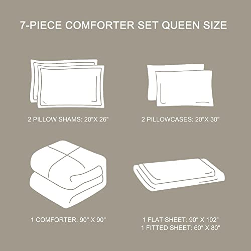 Boho Comforter Set Queen,7 Pieces Bed in a Bag White Grey Comforter Geometric Bedding Set Bohemian Soft Microfiber Queen Size(1 Comforter,2 Pillowcases,1 Flat Sheet,1 Fitted Sheet,2 Pillow Shams)