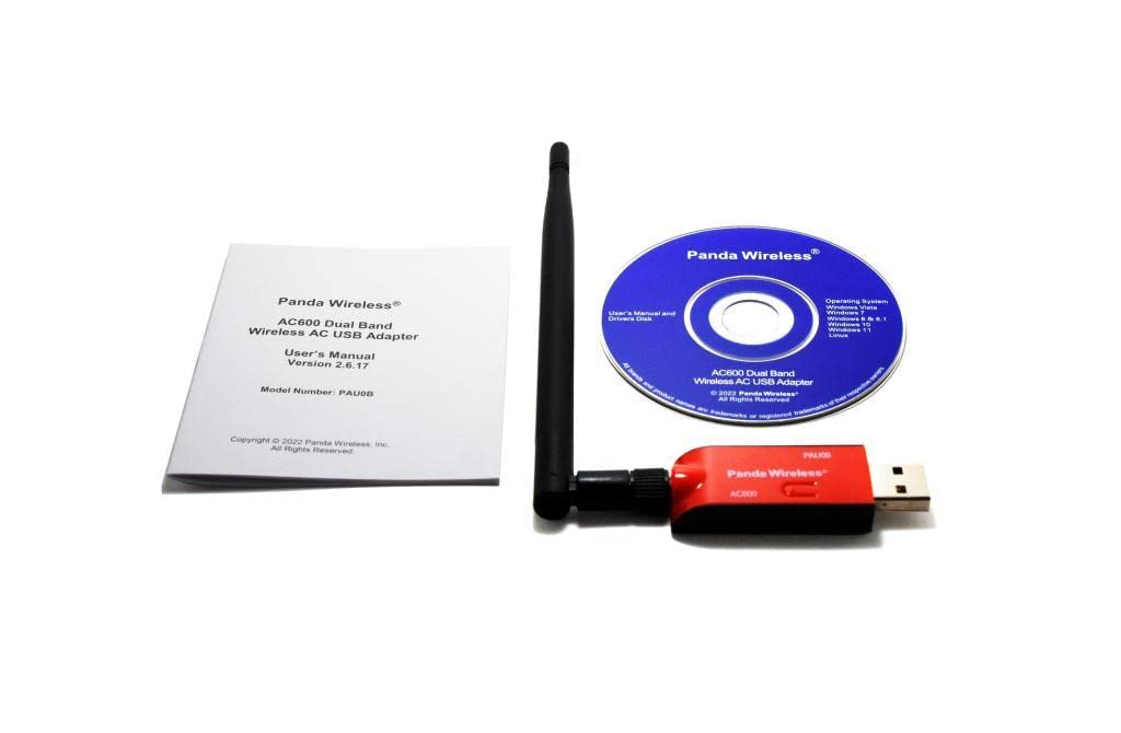 Panda Wireless® PAU0B AC600 Dual Band (2.4GHz and 5GHz) Wireless N USB Adapter W/High Gain Antenna - Windows 7/8/8.1/10/11, Zorin, Mint, Ubuntu, openSUSE, Fedora, Kali Linux and Raspbian
