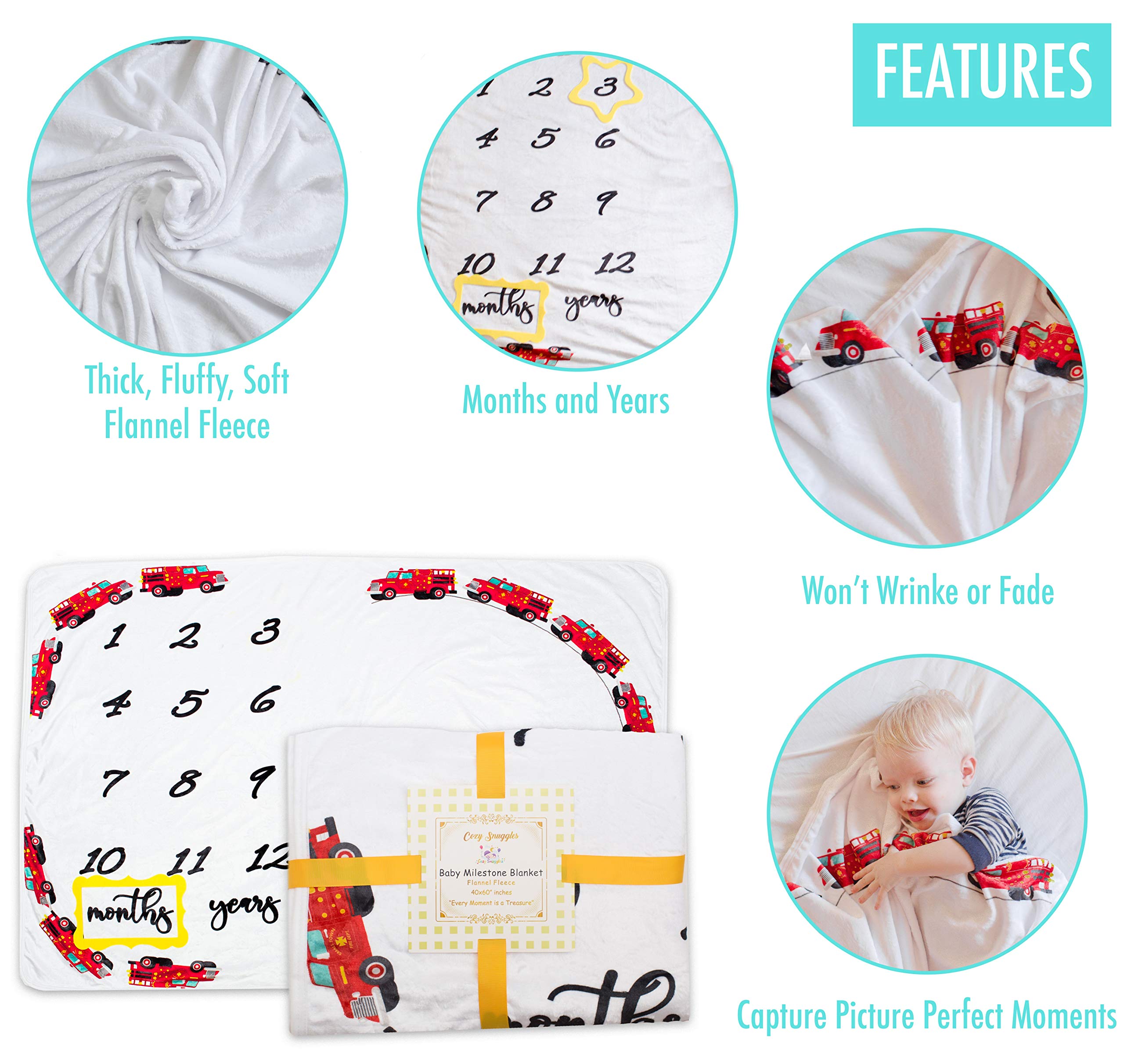 Baby Monthly Milestone Blanket boy | Free: Truck Costume + Star and Rectangular Felt Frames | Plush Extra Soft Fleece | Photography Backdrop Memory | Large 40" x 60" | Newborn