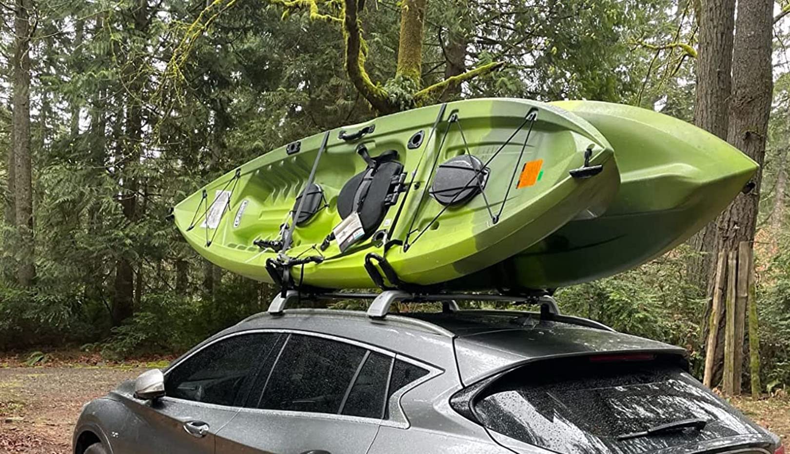 2 Pairs Kayak Rack J-Bar Car Roof Rack for Canoe Carrier SUP Paddle Surfboard Mount on Car SUV and Truck Crossbar, Includes 4 Pcs Roof Rack Tie Down Cam Straps.