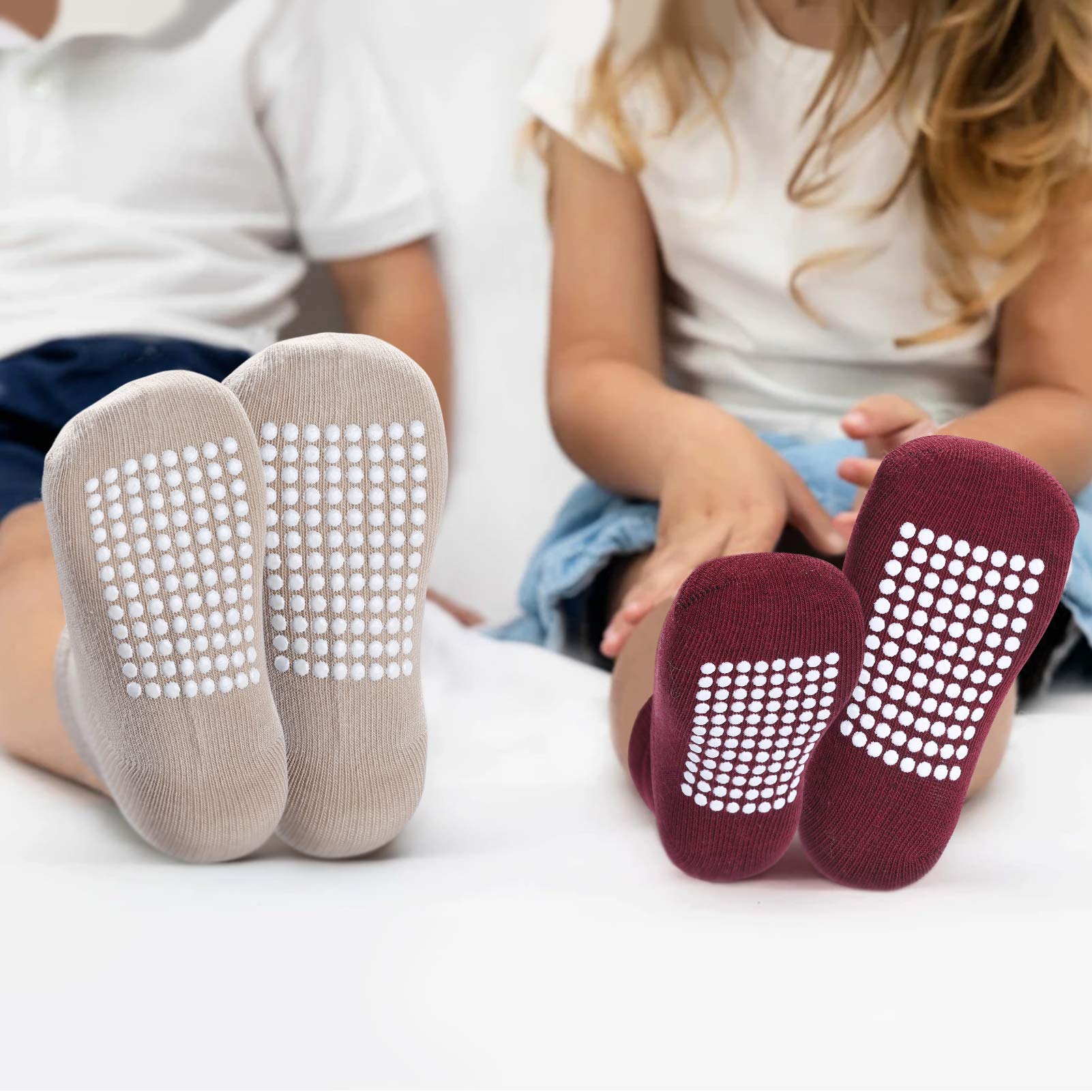 JAKIDAR 12 Pairs Baby Socks Cotton Crew Toddler Socks Grips Non Slip Bottom Kids Socks, Brown 12-24M