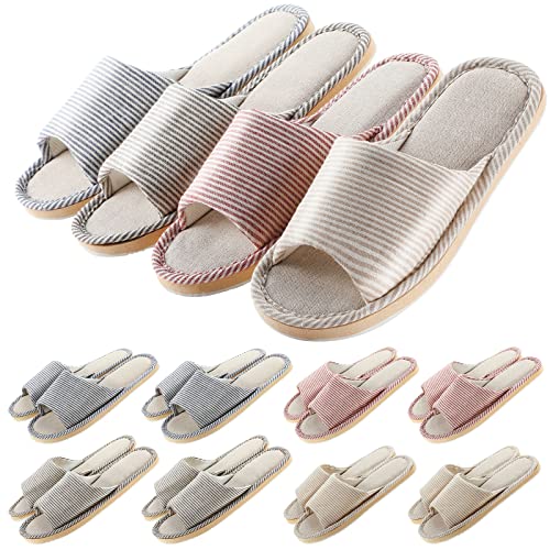 8 Pairs Disposable House Slipper for Guests Open Toe Breathable Slippers Spa Slippers Comfortable Indoor Home Slippers (Red, Beige, Navy, Coffee, Pinstripe)