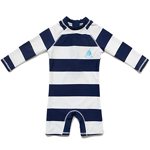 Baby One Piece Zip Swimsuit UPF 50+ Sun Protection Beach Sunsuit (White&Navy, 6-9 Months)