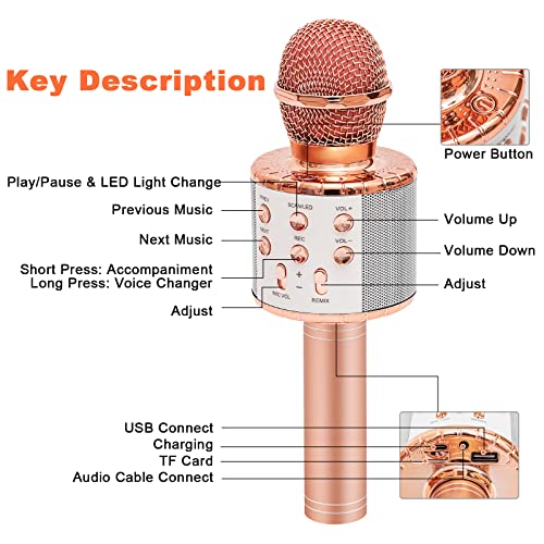 Alversun Wireless Karaoke Microphone for Kids, Bluetooth Karaoke Microphone Portable Handheld Singing Karaoke Mic Speaker Gifts for 3 4 5 6 7 Years Old Toys Girl Boy, Rose Gold