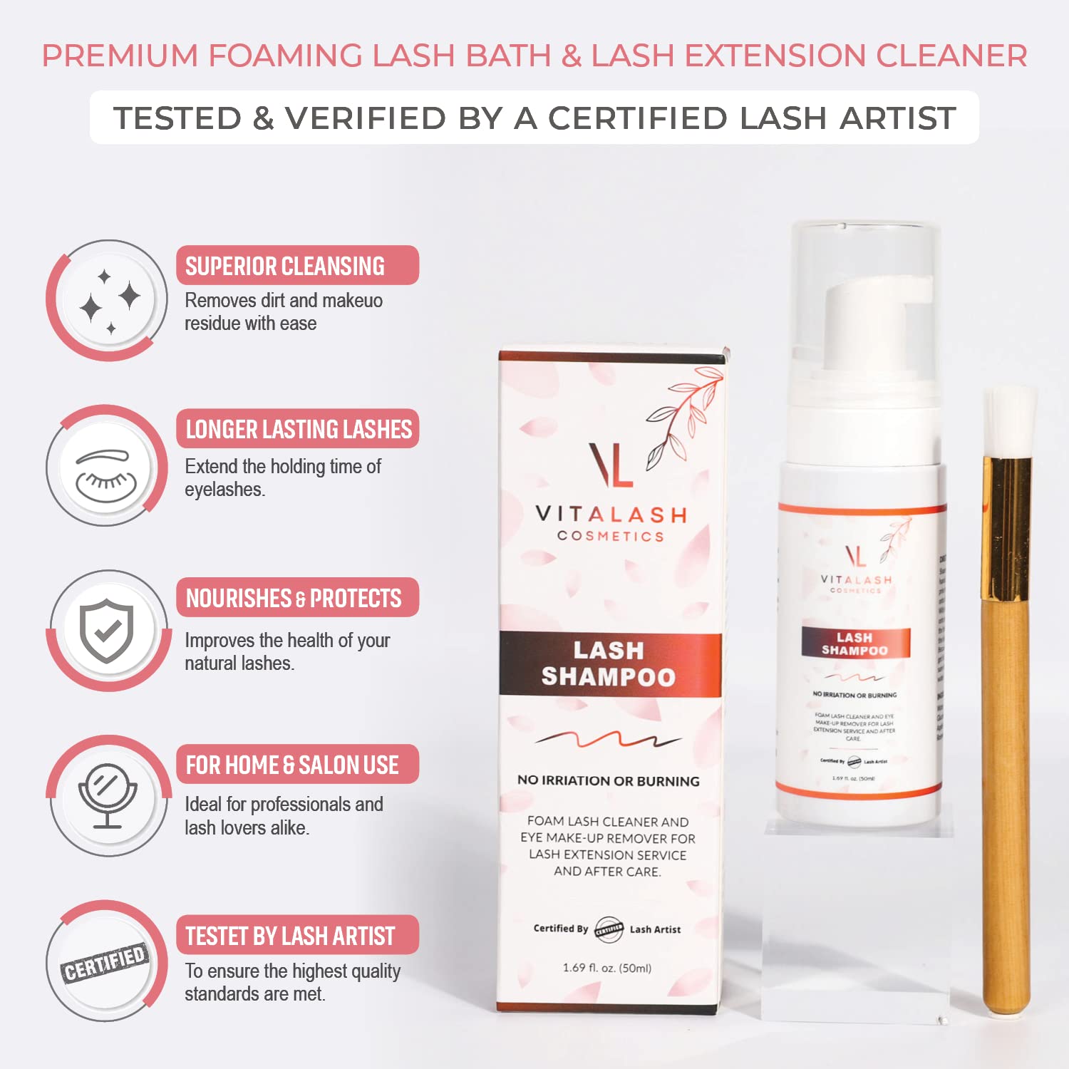 Vitalash Cosmetics Lash Extension Cleanser - Lash Shampoo for Lash Extensions - Lash Foam Cleanser for Extensions - Safe & Irritation Free - 50ML/1.69FL.oz + Brush