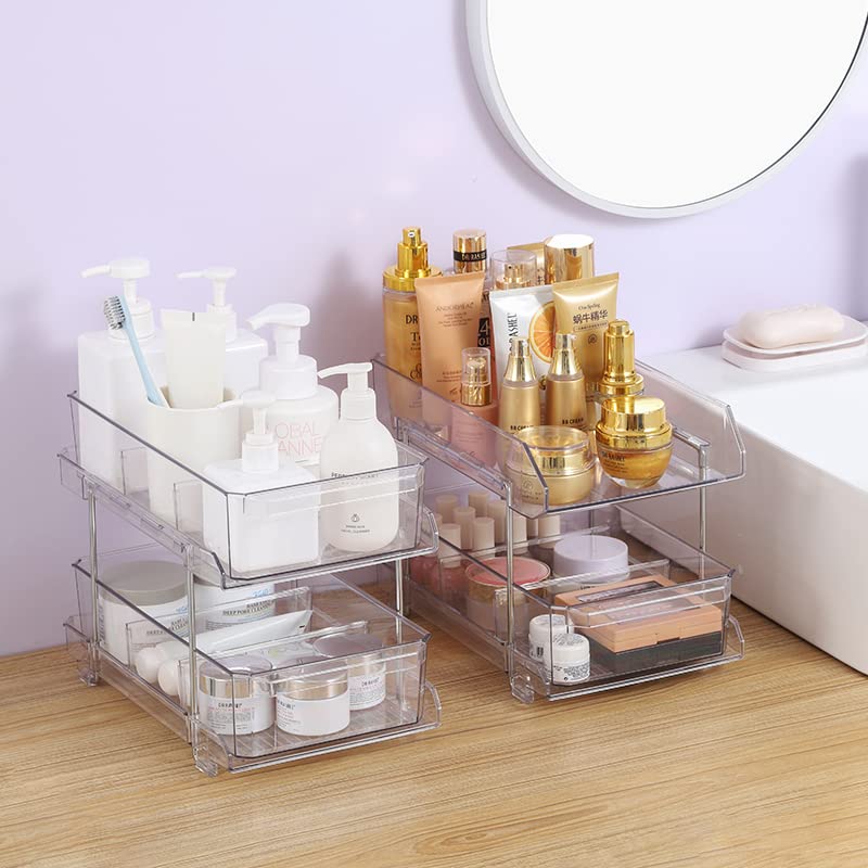 2-Tier Clear Organizer with Sliding Storage Drawers, Baskets, with Handles and Dividers for Kitchen, Closet, Kitchen Pantry Medicine Cabniet Storage Bins Bathroom, and Office, BPA Free (2 Pack)