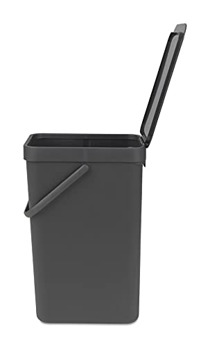 Brabantia Sort & Go Kitchen Recycling Can (4.2 Gal / Gray) Stackable Waste Organiser with Handle & Removable Lid, Wall/Cupboard Mounting
