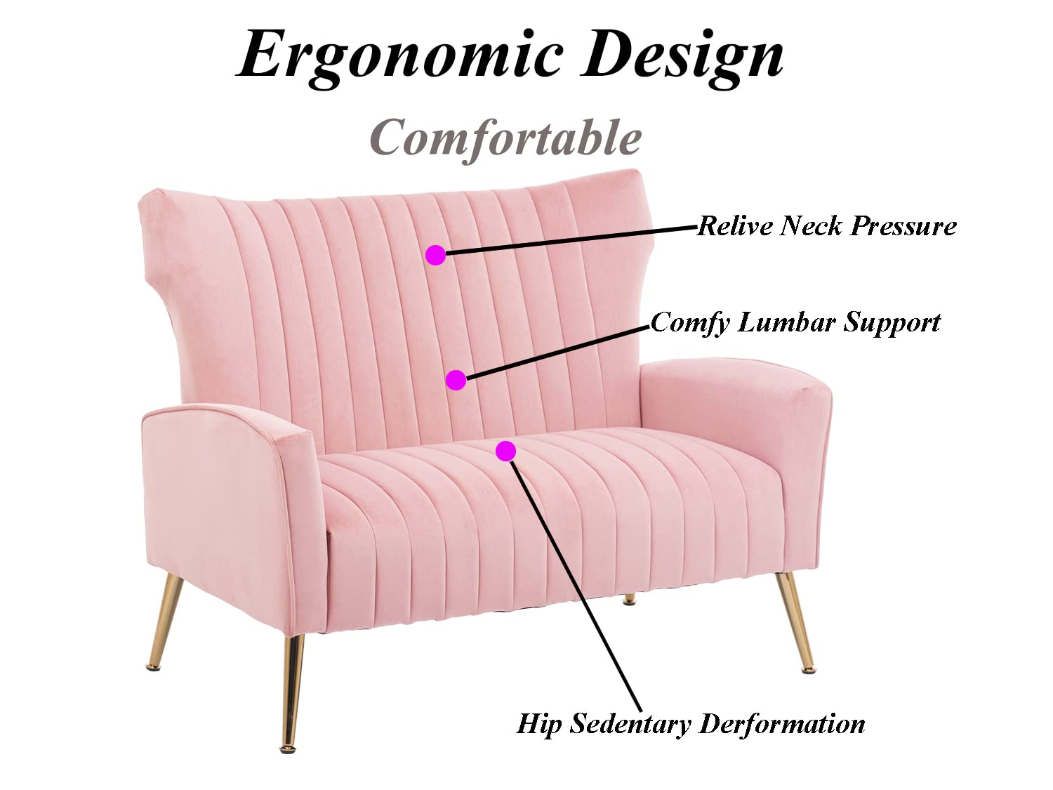 Altrobene Velvet Couch Modern Wingback Loveseat Tufted Luxury Sofa with Gold Legs for Living Room/Bedroom, Light Pink