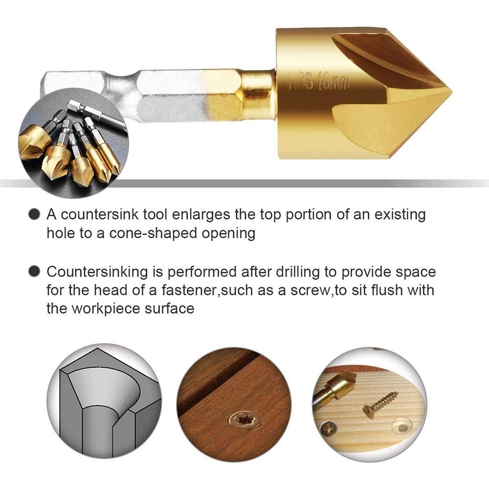 PAGOW Countersink Drill Bit Set- 7 Pcs Counter Sinker Drill Bits for Wood, Quick Change, 1/4'' Hex Shank, High Speed Steel, 6 Flute 90 Degree Center Punch Tool, 1/4''-3/4''