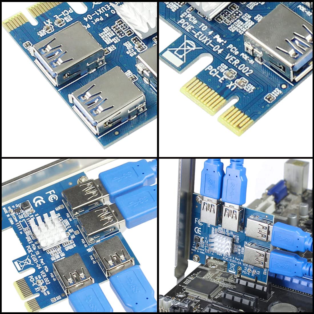 JMT PCI-E 1x to 16x Riser Card PCI-Express 1 to 4 Slot PCIe USB3.0 Splitter 1 to 4 Adapter GPU Riser Card for BTC Bitcoin Miner Mining (PCIE 1 to 4USB Card Blue)