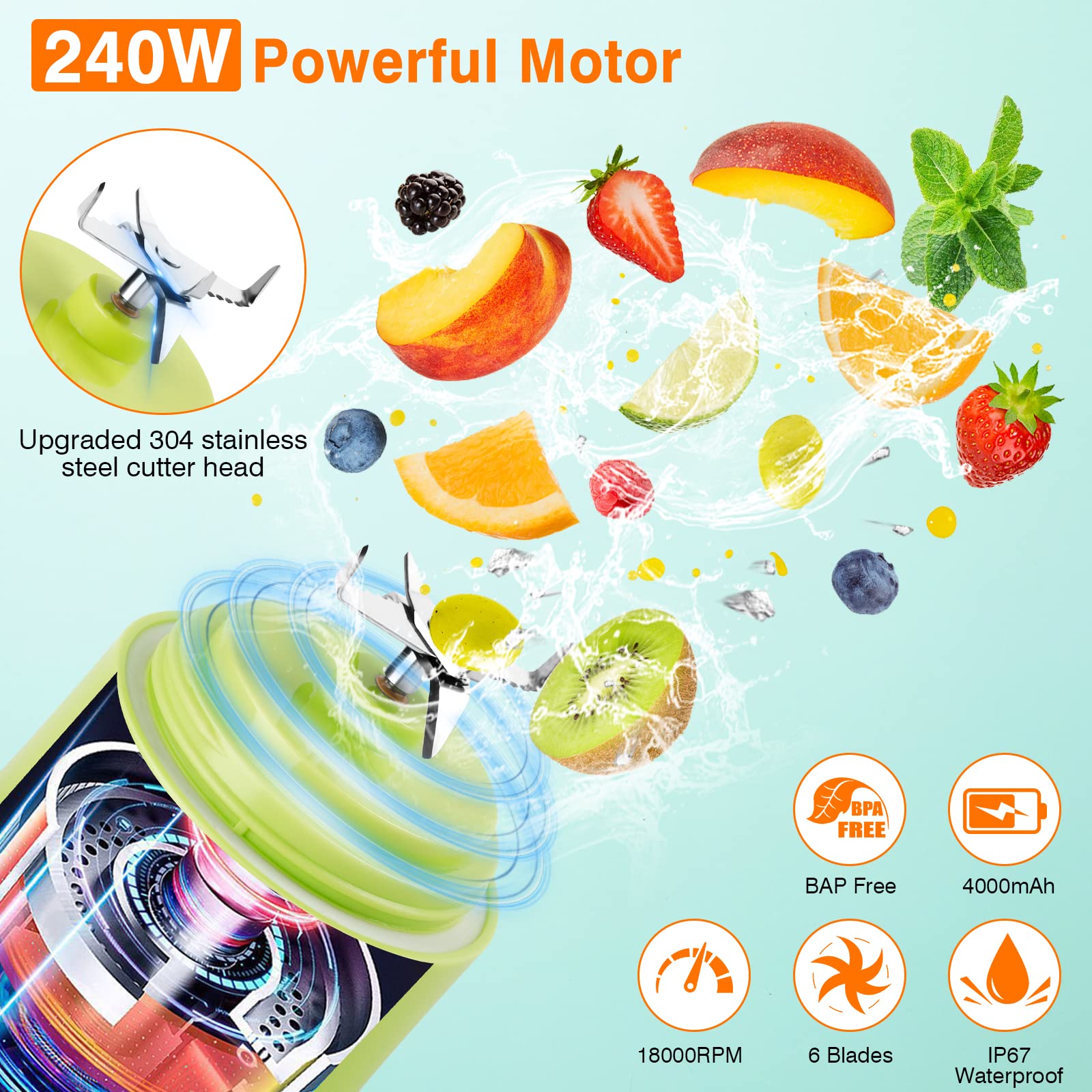 20oz Portable Blender, Personal Size Blender Smoothies and Shakes With 6 Blades, USB Rechargeable Blender Fruit Juicer with 2 Mixing Modes & LED Light, With for Kitchen Outdoor Gym Office (Yellow)