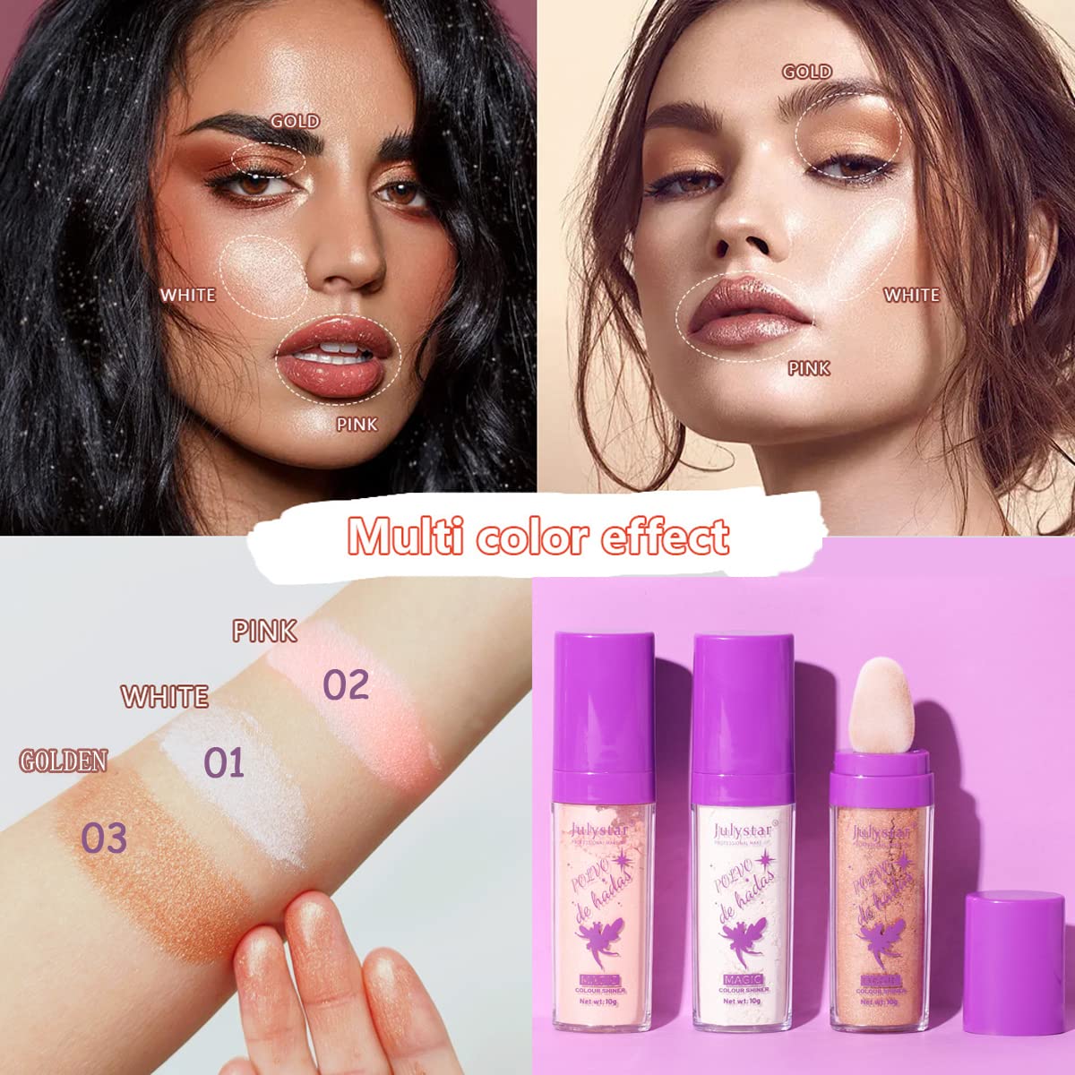 3 Pack Polvo De Hadas Highlighter Makeup Powder,Body and Face Glitter Powder Makeup,the Natural Three-Dimensional Patting Powder Highlighter Stick (White Moonbeam+Fairy Pink+Golden Brown)