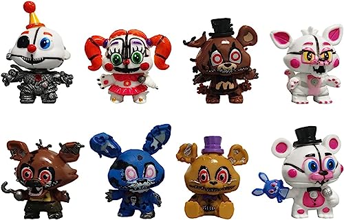 8 pcs Cake Toppers Gift for Kids, Freddy Five Nights Toys Cake Decorating, 2.3" - 3" with 50 PCS Waterproof Stickers for Party