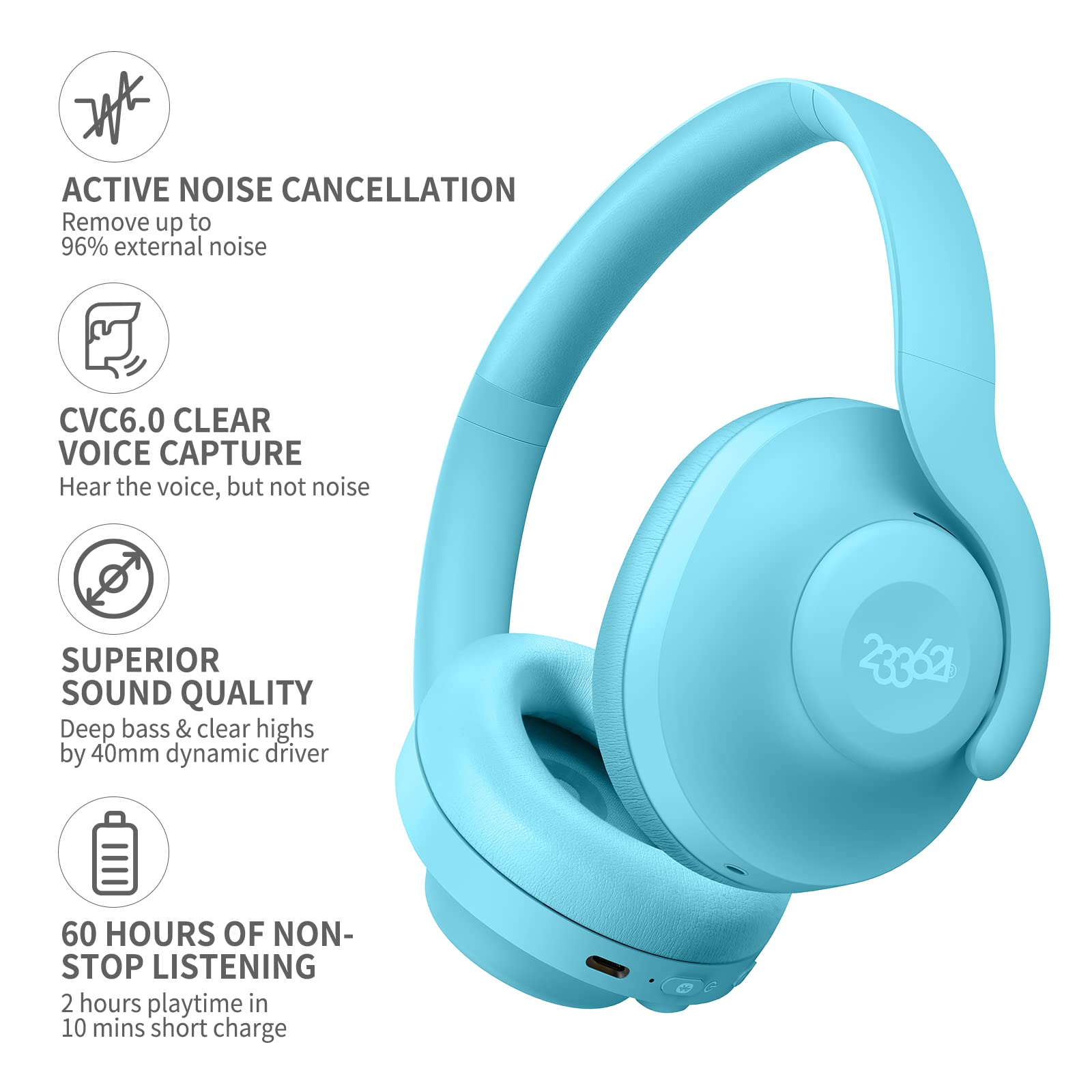 233621 Shell Noise Cancelling Headphones. Lightweight Over Ear ANC Bluetooth Headphones. Fast Charge, 60 Hours Playtime, Wireless Headphones with Call Noise Reduction for Improved Call Quality (Ice)