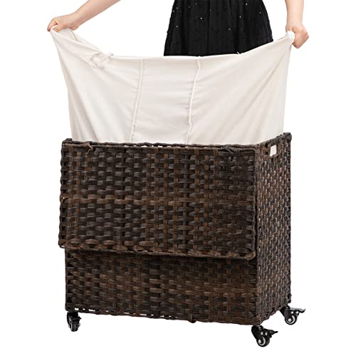 ALIMORDEN Wicker Laundry Hamper with Lid and Wheels 110L Clothes Laundry Basket with Removable Liner Bags Large Hampers for Laundry Organizer 3 Sections for Bedroom Closet Laundry Room Bathroom Brown