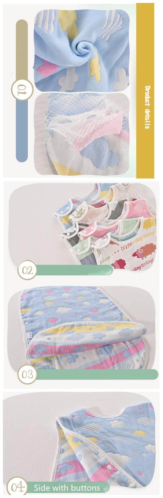 CYUURO Baby Sleeping Bag 4 Layered Cotton Gauze Vest Wearable Blankets Breathable,Mushrooms,7545cm