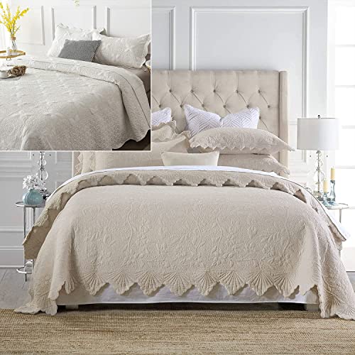 Brandream 6PC Quilt Bedding Set Beige Quilt Set Cotton King Size Scalloped Coverlet Set Vintage Quilted Comforter Set