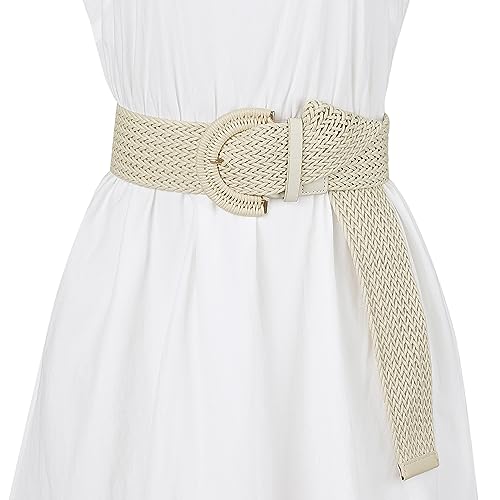 Allegra K Womens Wide Woven Waist Belts Braided Belts for Dress Chunky Buckle 60-90cm/23.62-35.43" White