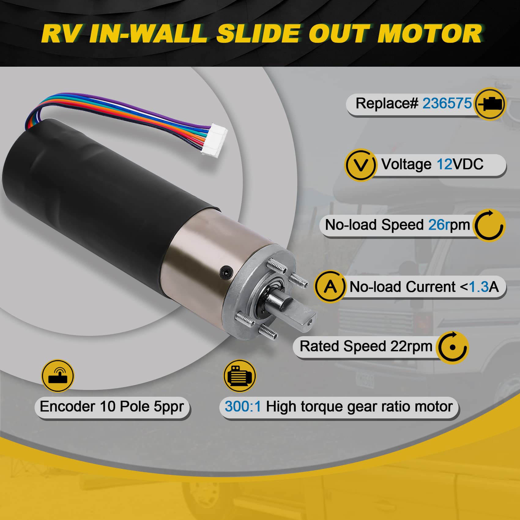 236575, RV in-Wall Slide-Out Motor Compatible with Lippert Schwintek in-Wall Slide System, IG-42 10mm motor Assembly, Slide Motor for Travel Trailer and Camper | 300:1 High Torque Gear Ratio, 12V