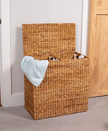 BirdRock Home Water Hyacinth Laundry Hamper Divided Interior (Natural) - Eco Friendly - Made of Hand Woven Hyacinth Fibers - Includes Two Removable Cotton Liners Bag - Wicker Laundry Basket with Lid