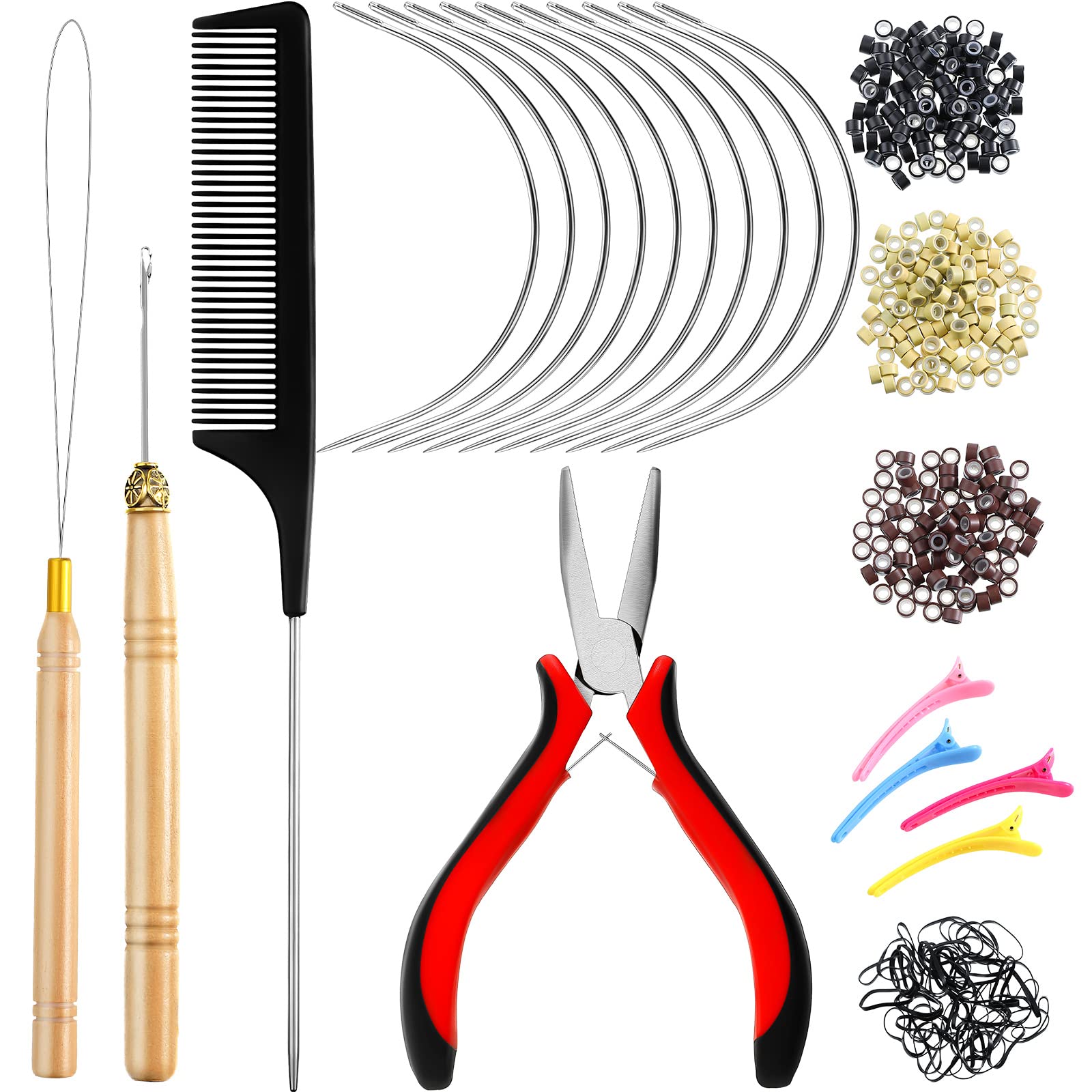 Chuangdi Sew in Hair Extension Tool Kit, 600 Silicone Lined Micro Ring Beads 1 Pliers 2 Hook Needle Pulling Loop 10 Curved Hair Needle 4 Alligator Clips 1 Comb 100 Black Mini Rubber Band