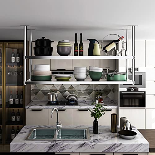 DSVONAUS Ceiling Storage Shelf, 2 Layer Stainless Steel Ceiling Mount Shelf, Hanging Floating Shelves, Organizer Rack for Restaurant Kitchen Bar Cafe Shelf, Easy to Install - 6 Sizes (80×35×80cm)