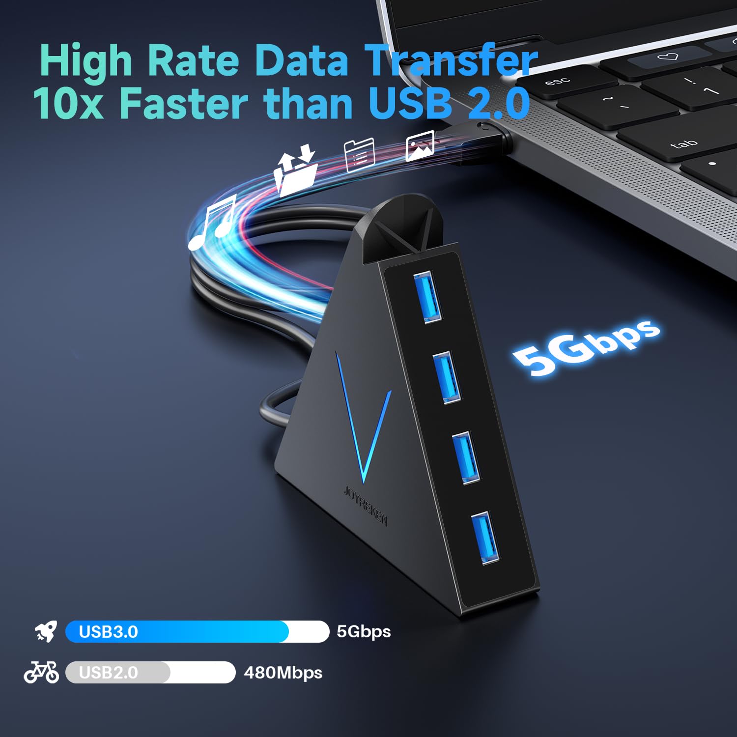 JoyReken 4-Port USB 3.0 Hub, FlyingVHUB USB Hub Tower with 2 ft Extended Cable,USB Splitter for Laptop,PC,PS4,PS5,Xbox,Mouse,Keyboard, Flash Drive, U-Disk (Black)