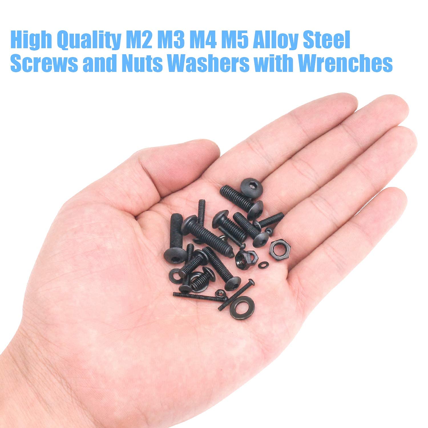 DYWISHKEY 1220 Pieces M2 M3 M4 M5, 10.9 Grade Alloy Steel Hex Button Head Cap Bolts Screws Nuts Washers Assortment Kit with Hex Wrenches