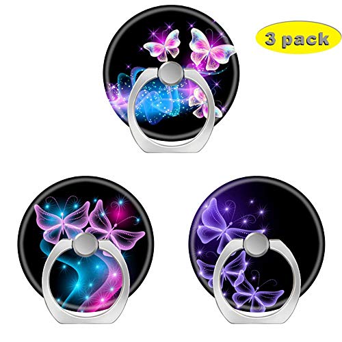 Cell Phone Finger Ring Holder Stand with Car Mount for Smartphone and Tablet,Kickstand 360 Rotation Grip Stand - Galaxy Purple Glitter Pink Butterfly