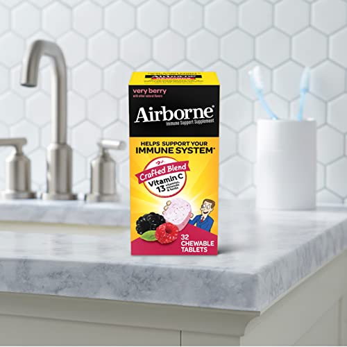 Airborne Vitamin C 1000mg (per serving) - Very Berry Chewable Tablets (32 count in a box), Gluten-Free Immune Support Supplement, With Vitamins A C E, ZINC, Selenium, Echinacea & Ginger, Antioxidants